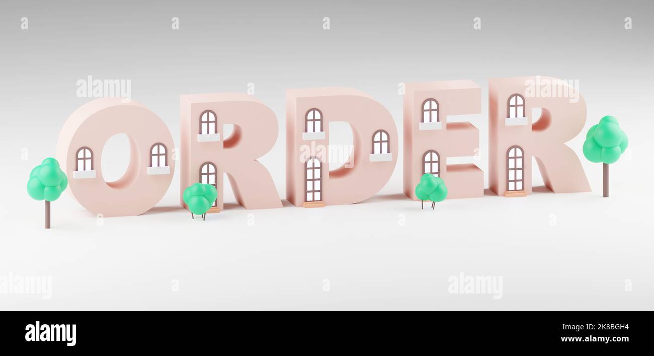 Order word made made by tiny cute houses and small trees on light grey ...
