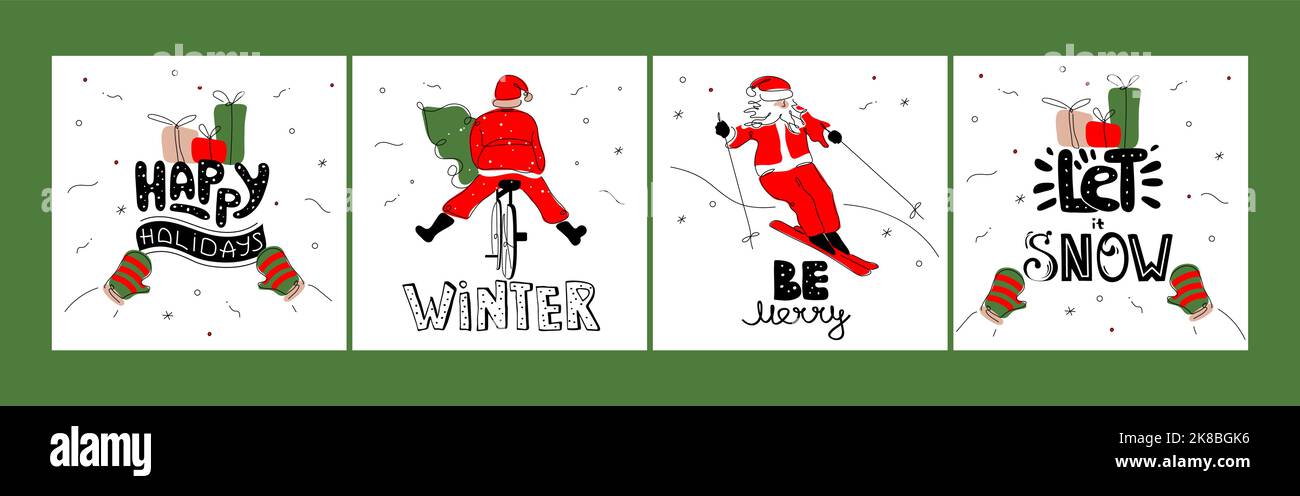 Merry Christmas set postcards with Santa Claus and quote lettering BE ...