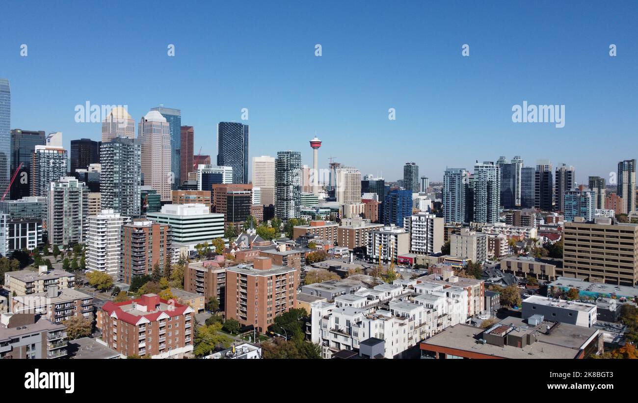 Aerial view of downtown Calgary, taken from 17th avenue, facing ...