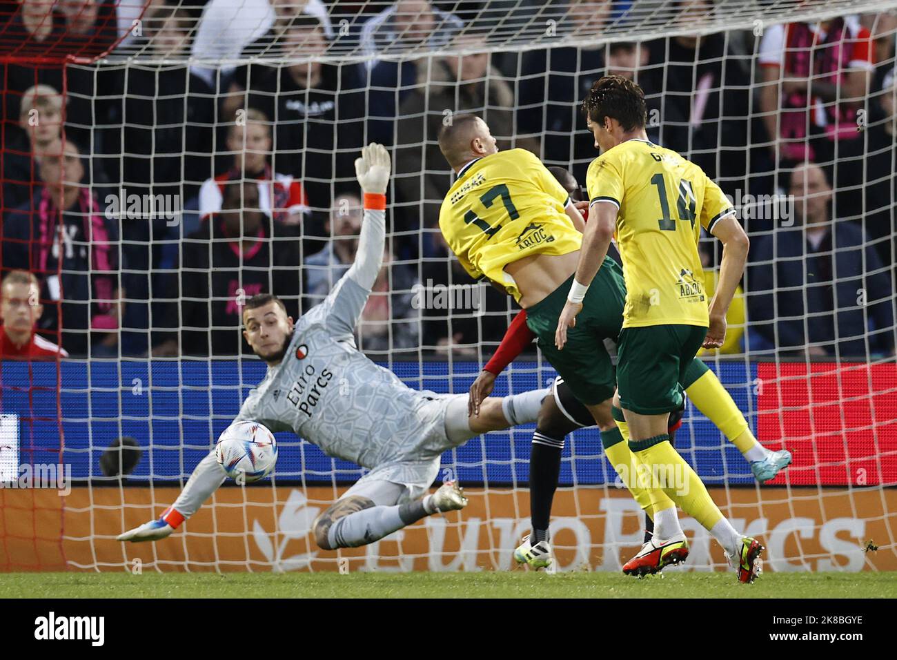 ROTTERDAM - (lr) Feyenoord goalkeeper Justin Bijlow, Burak Yilmaz of Fortuna Sittard, Rodrigo ...
