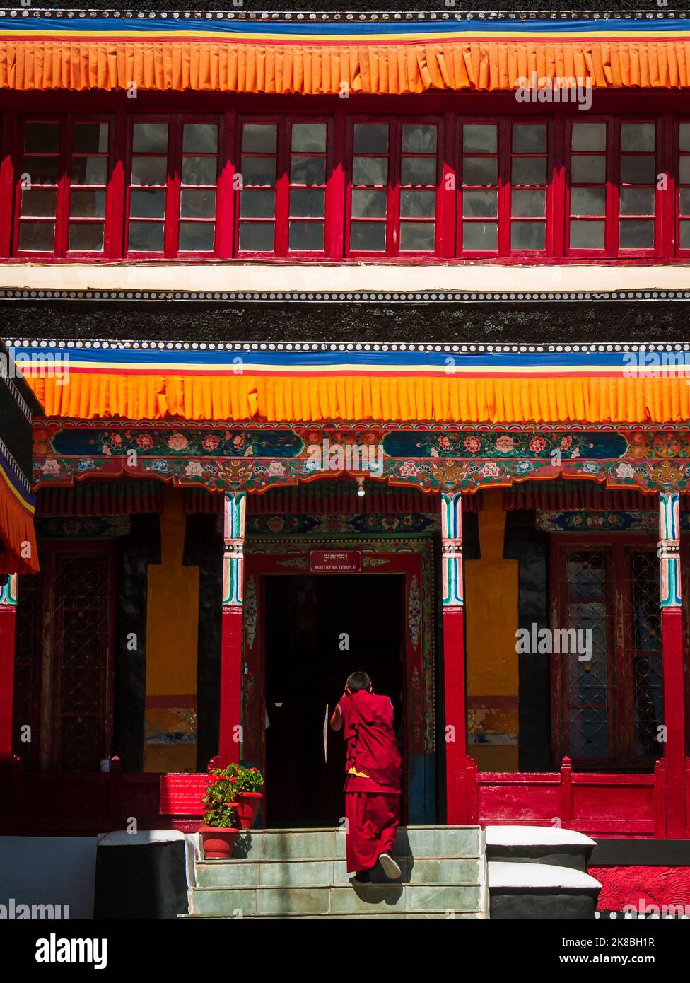 Unidentified buddhist monk at Thikse Gompa or Thikse Monastery is the ...