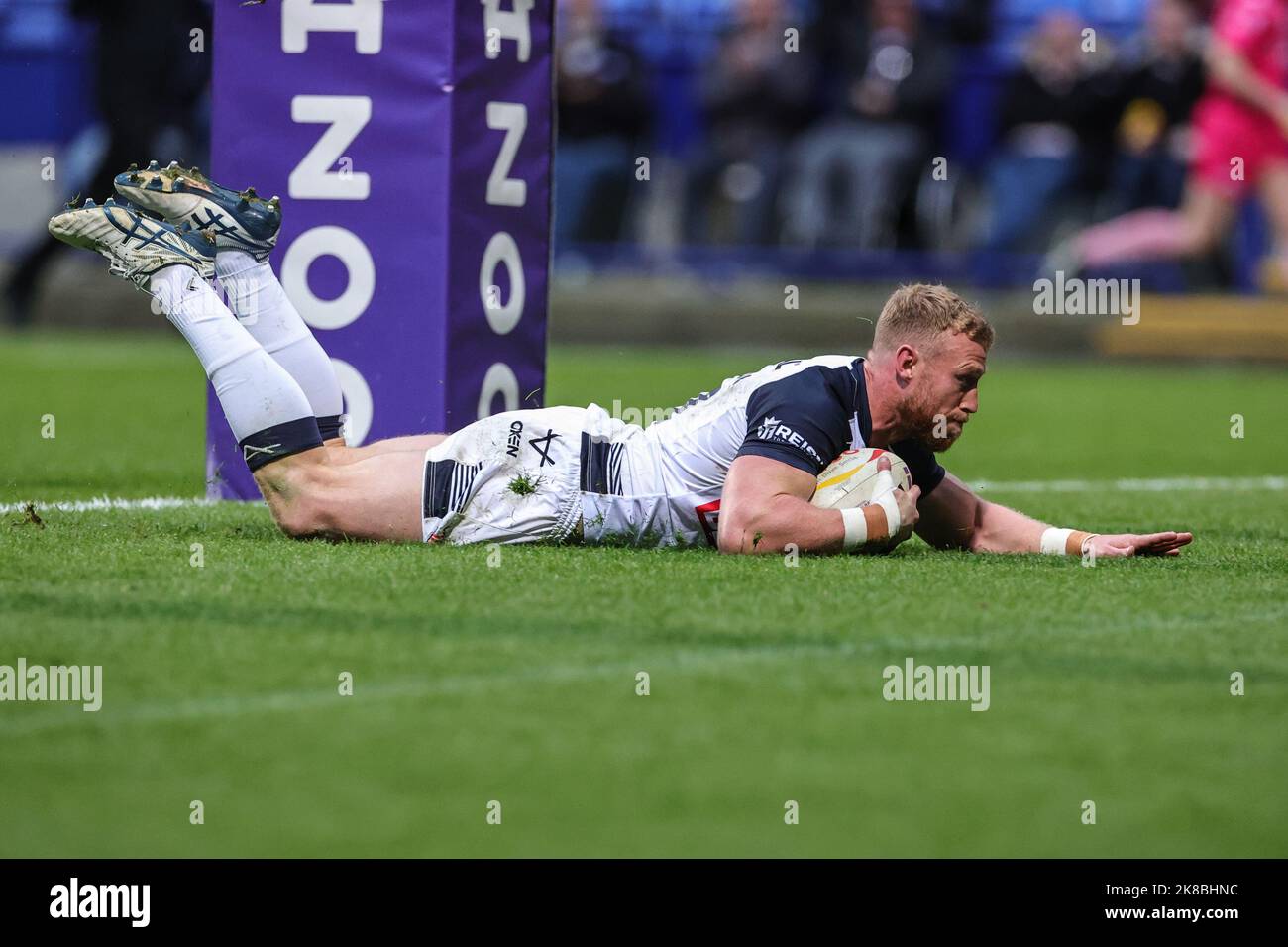 Luke Thompson of England goes over for a try during the Rugby League ...