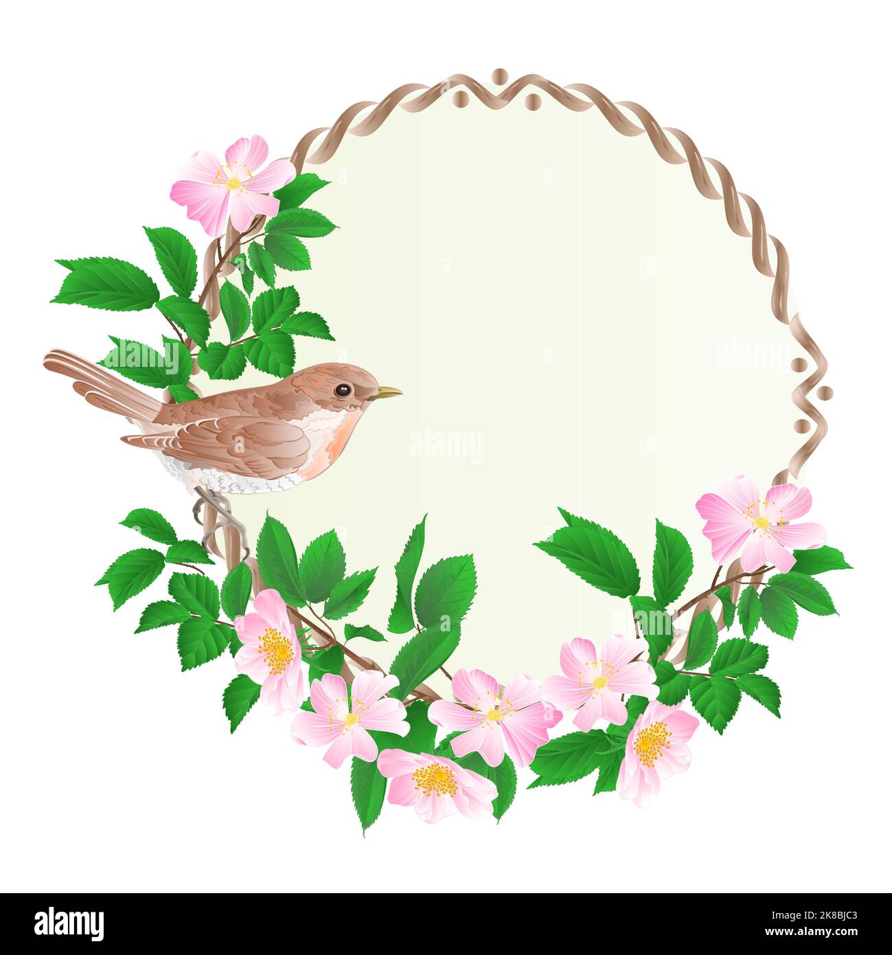 Floral round frame with wild Roses and cute small singing bird vintage ...