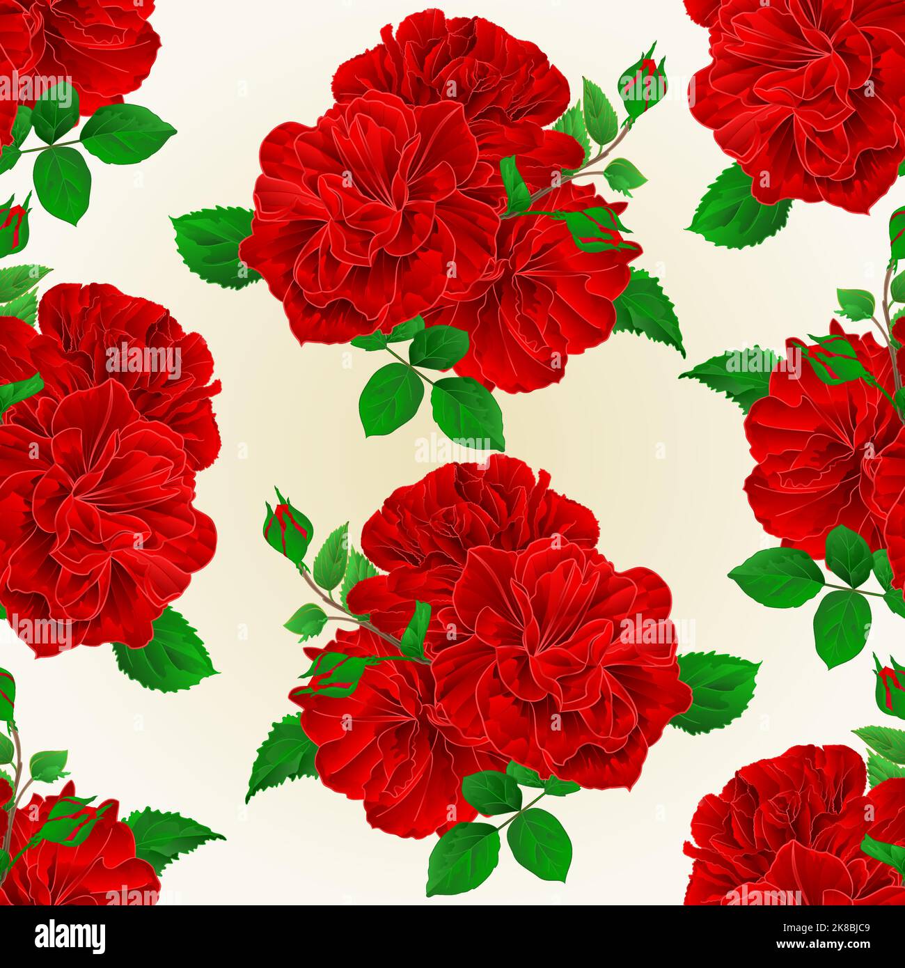 Seamless texture bunch Three red roses with buds vintage editable festive background vector ...