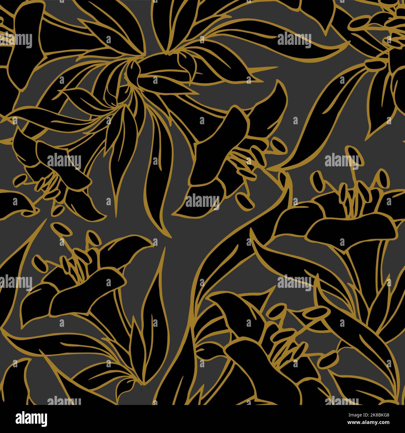 seamless pattern of large black flowers with a golden outline on a dark ...