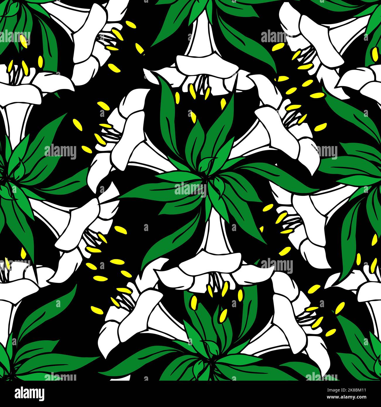 seamless contour pattern of large white graphic flowers on a black ...