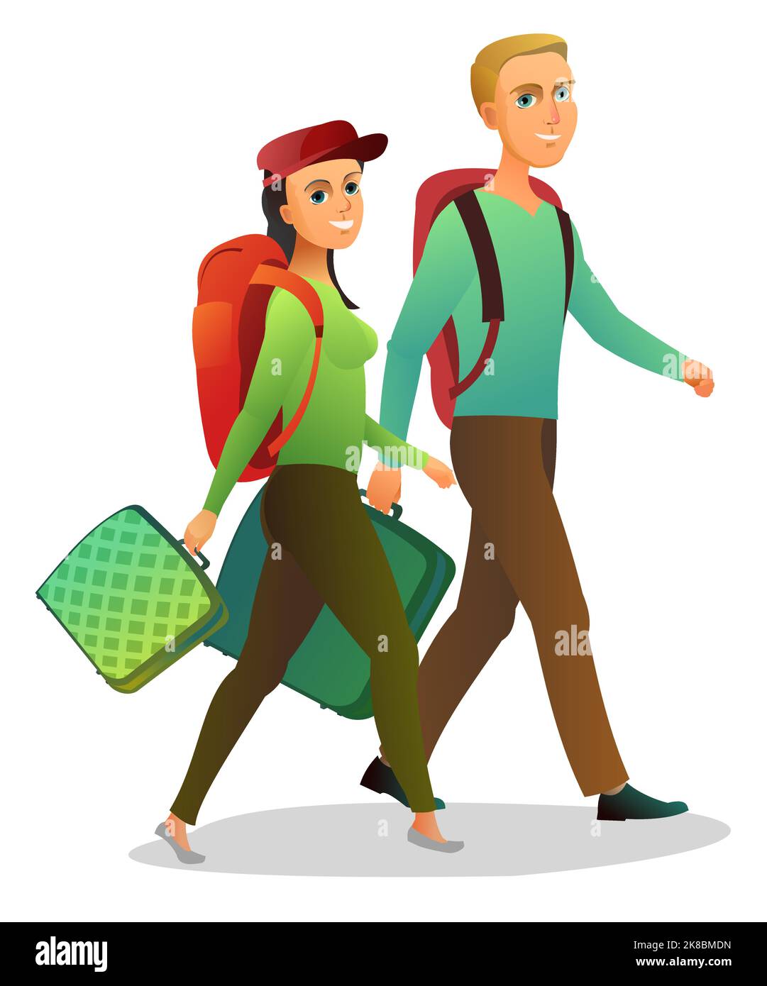 Tourists with backpacks and suitcases. Walks and smiles. Isolated on white background. Boy and ...