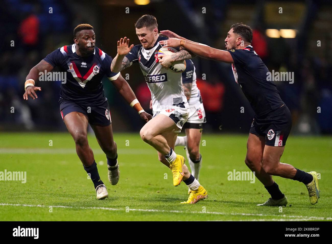 England's John Bateman battles for the ball with France's Jordan ...