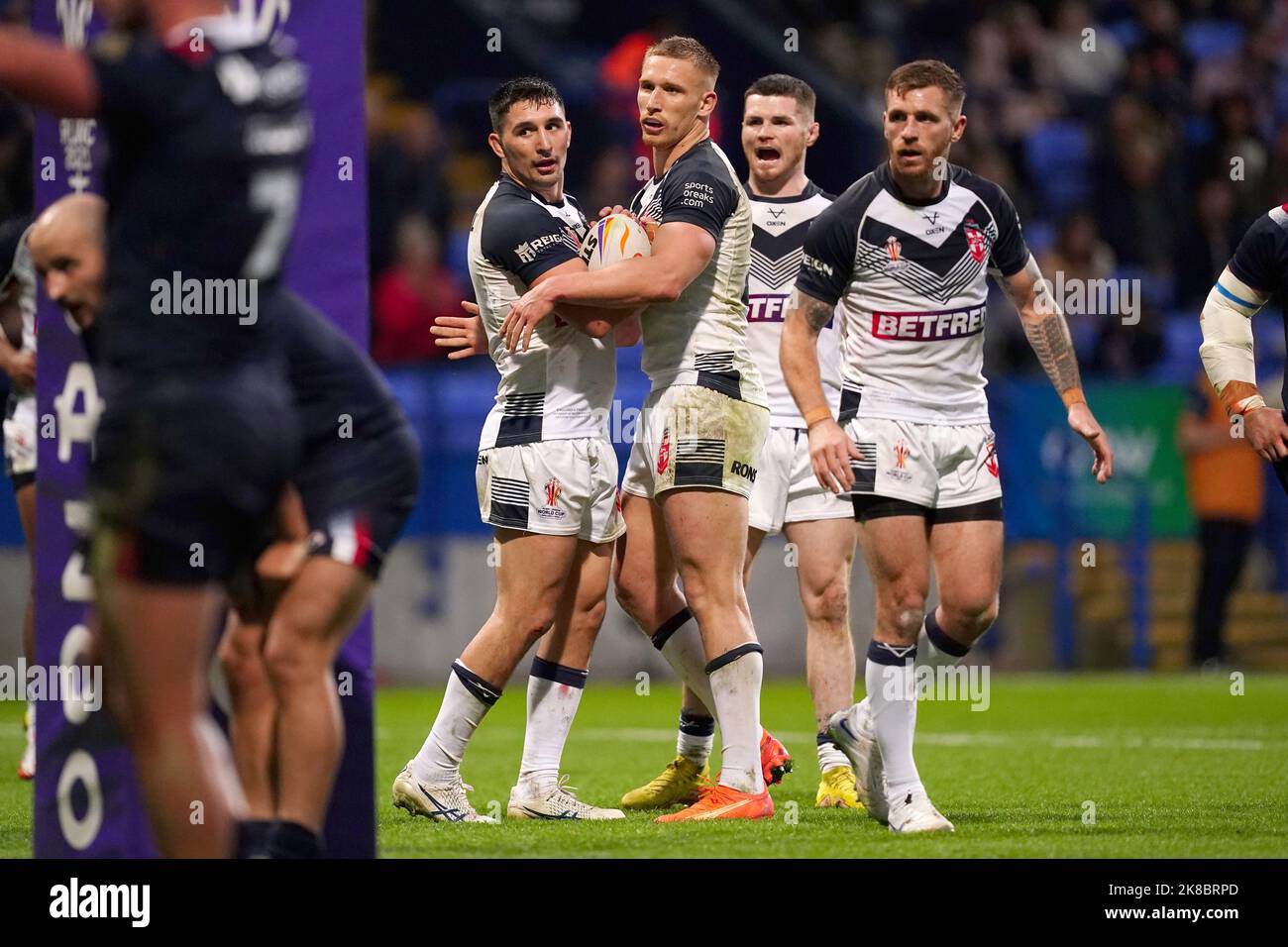 England's Victor Radley (left) celebrates scoring a try during the ...