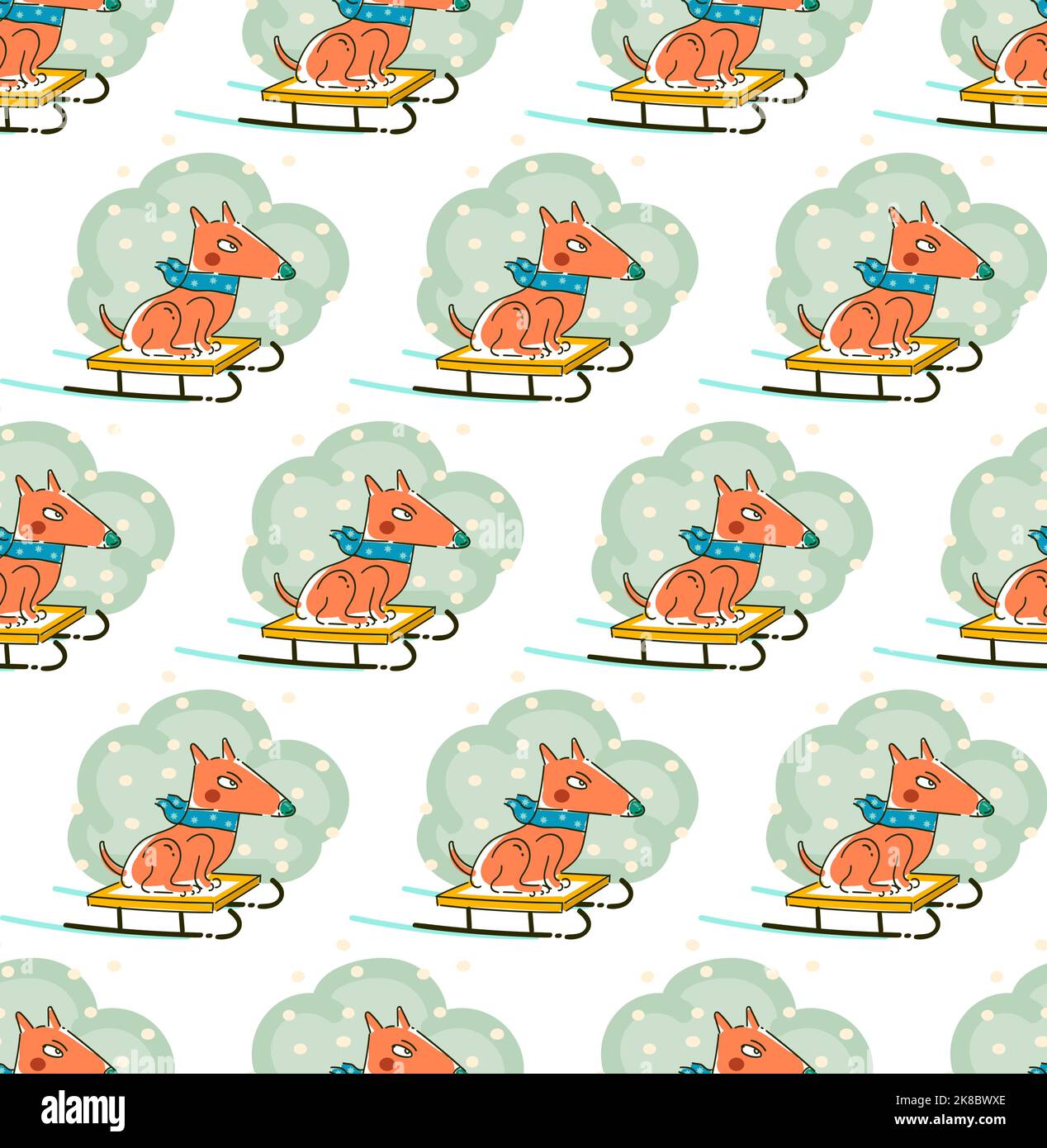 Dog on a sled, vector winter holidays cartoon clipart, seamless Stock ...
