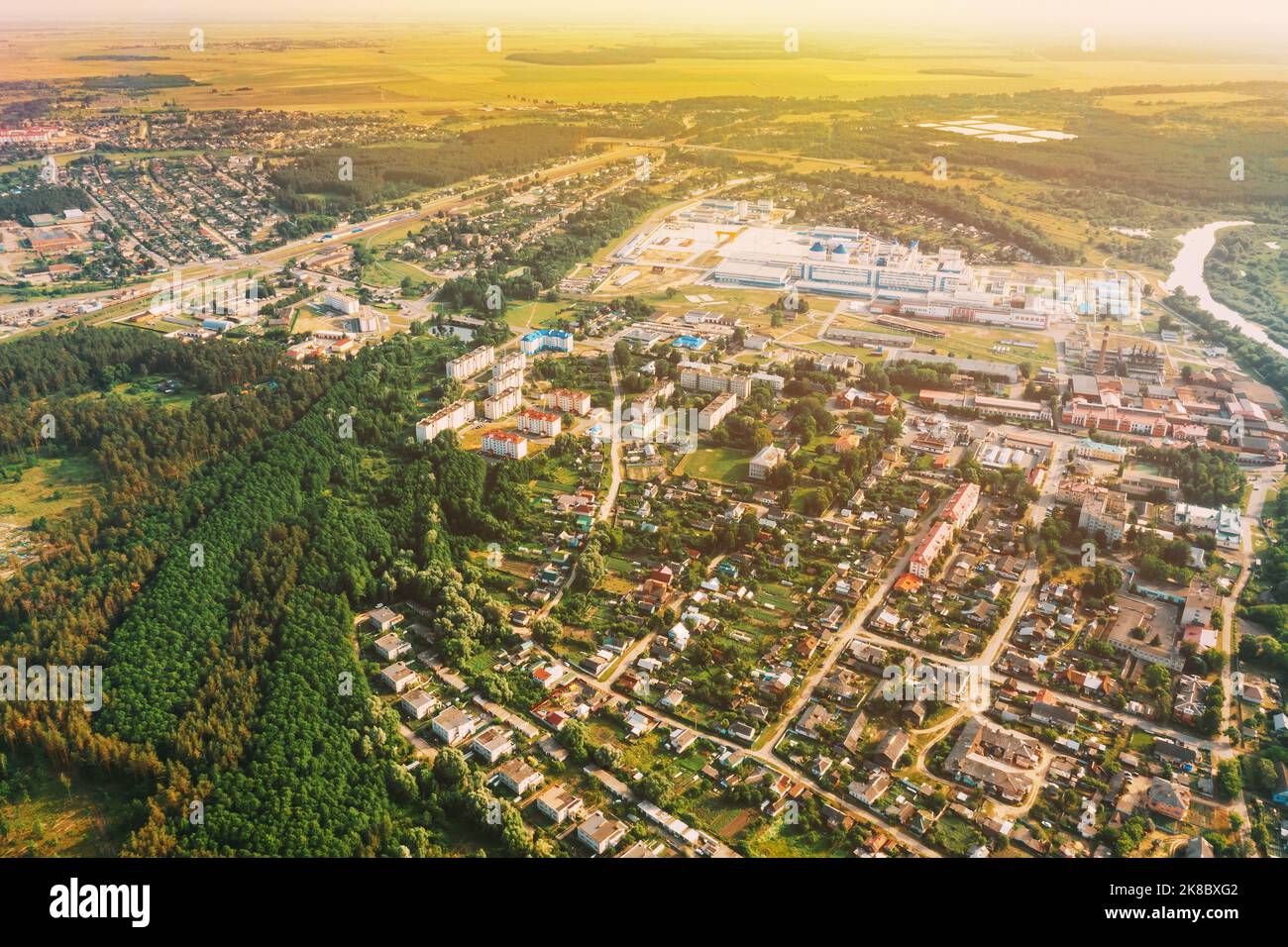 Aerial View Of Town Village Cityscape Skyline In Summer Sunny Morning ...