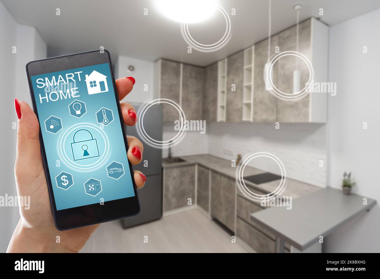 Smart home technology interface on smartphone app screen with augmented reality (AR) view of ...