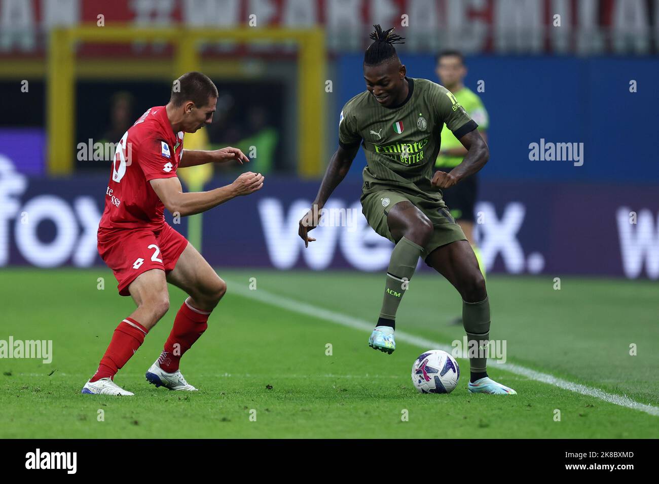 Valentin Antov of Ac Monza and Rafael Leao of Ac Milan battle for the ...