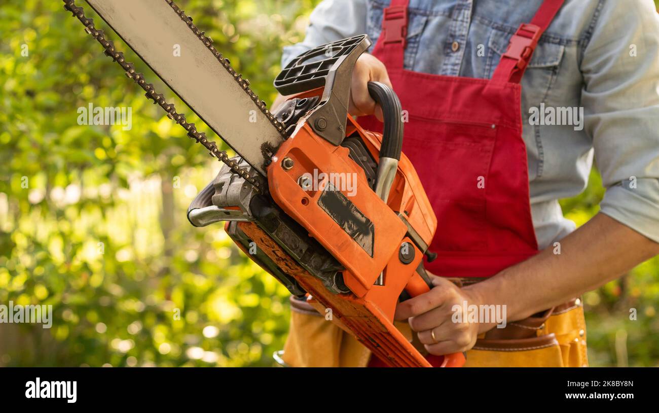 Chainsaw. Close-up of woodcutter sawing chain saw in motion, sawdust ...