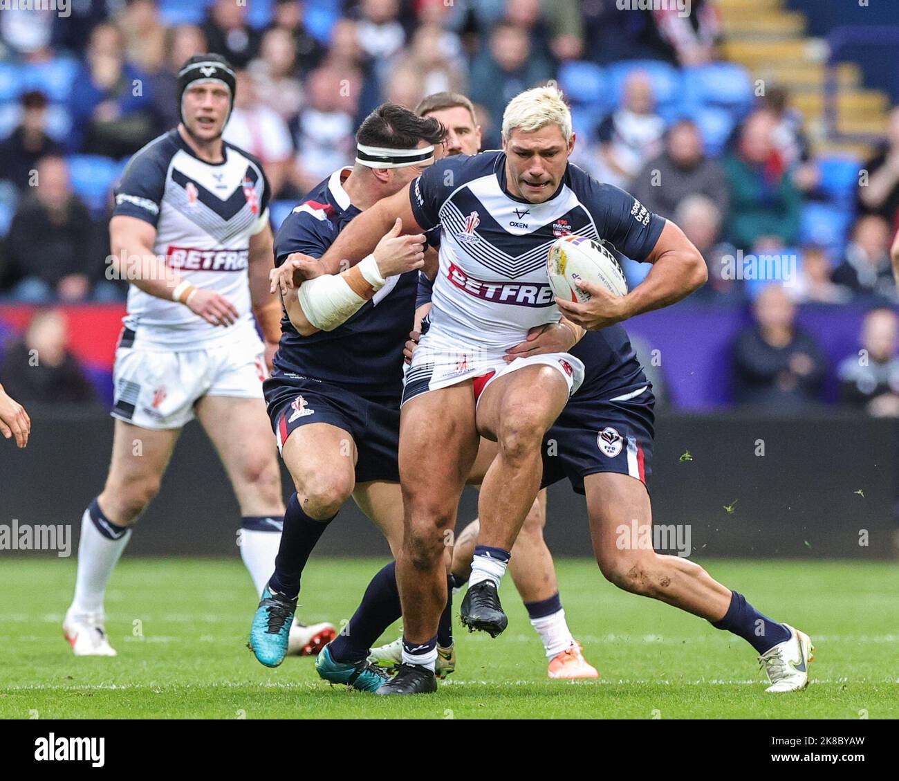 Ryan Hall of England is tackled by Benjamin Garcia of France during the ...