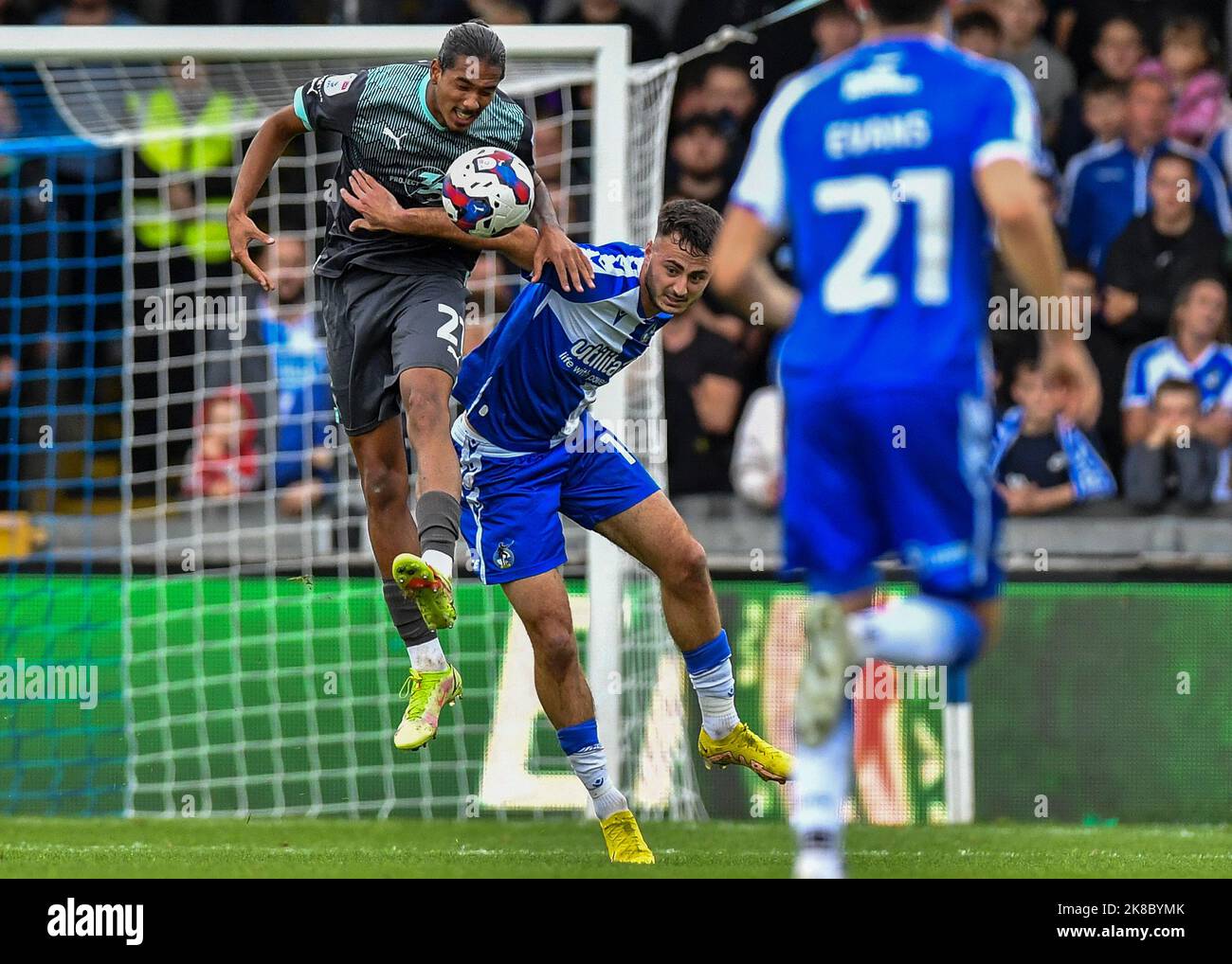 Plymouth Argyle defender Nigel Lonwijk (21) battles in the air Bristol ...