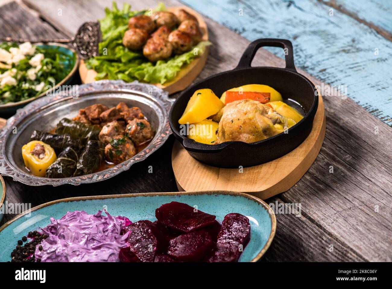 Eid Mubarak Traditional Ramadan Iftar dinner. Assorted tasty food in ...