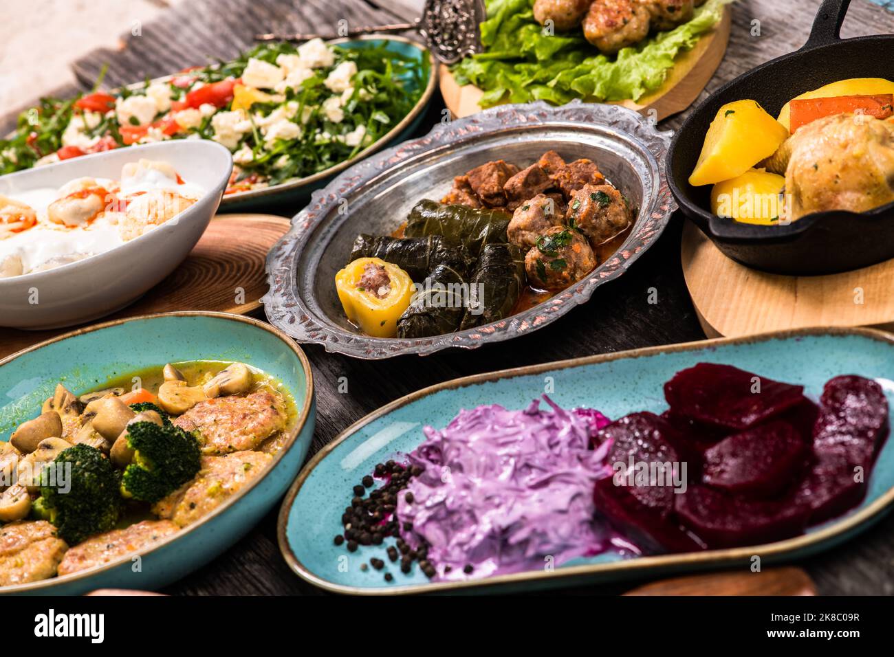 Eid Mubarak Traditional Ramadan Iftar dinner. Assorted tasty food in ...