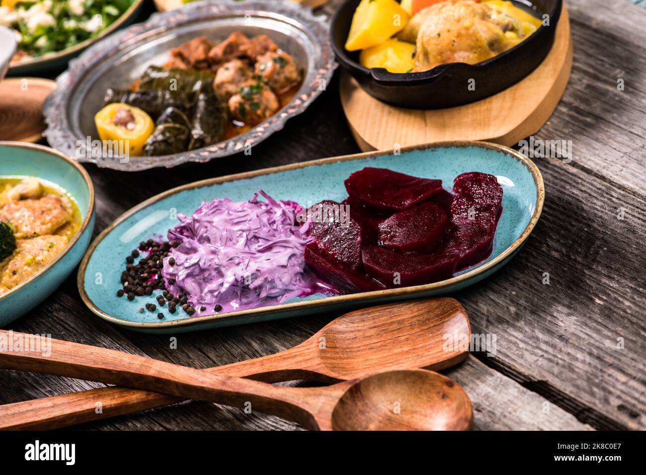 Eid Mubarak Traditional Ramadan Iftar dinner. Assorted tasty food in ...