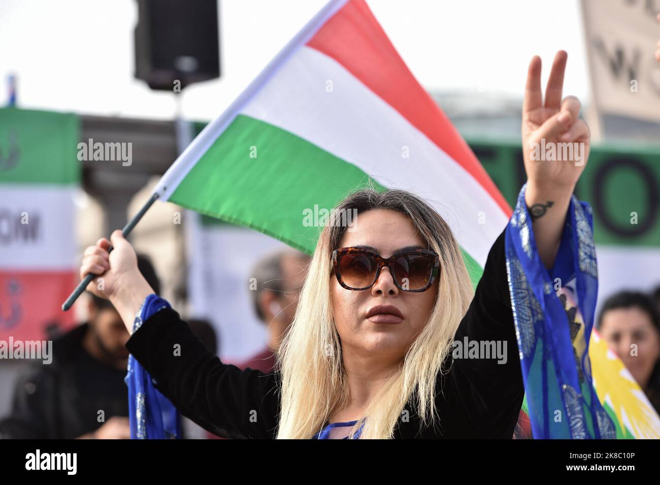 London, England, UK. 22nd Oct, 2022. Protester holds Iranian flag at ...