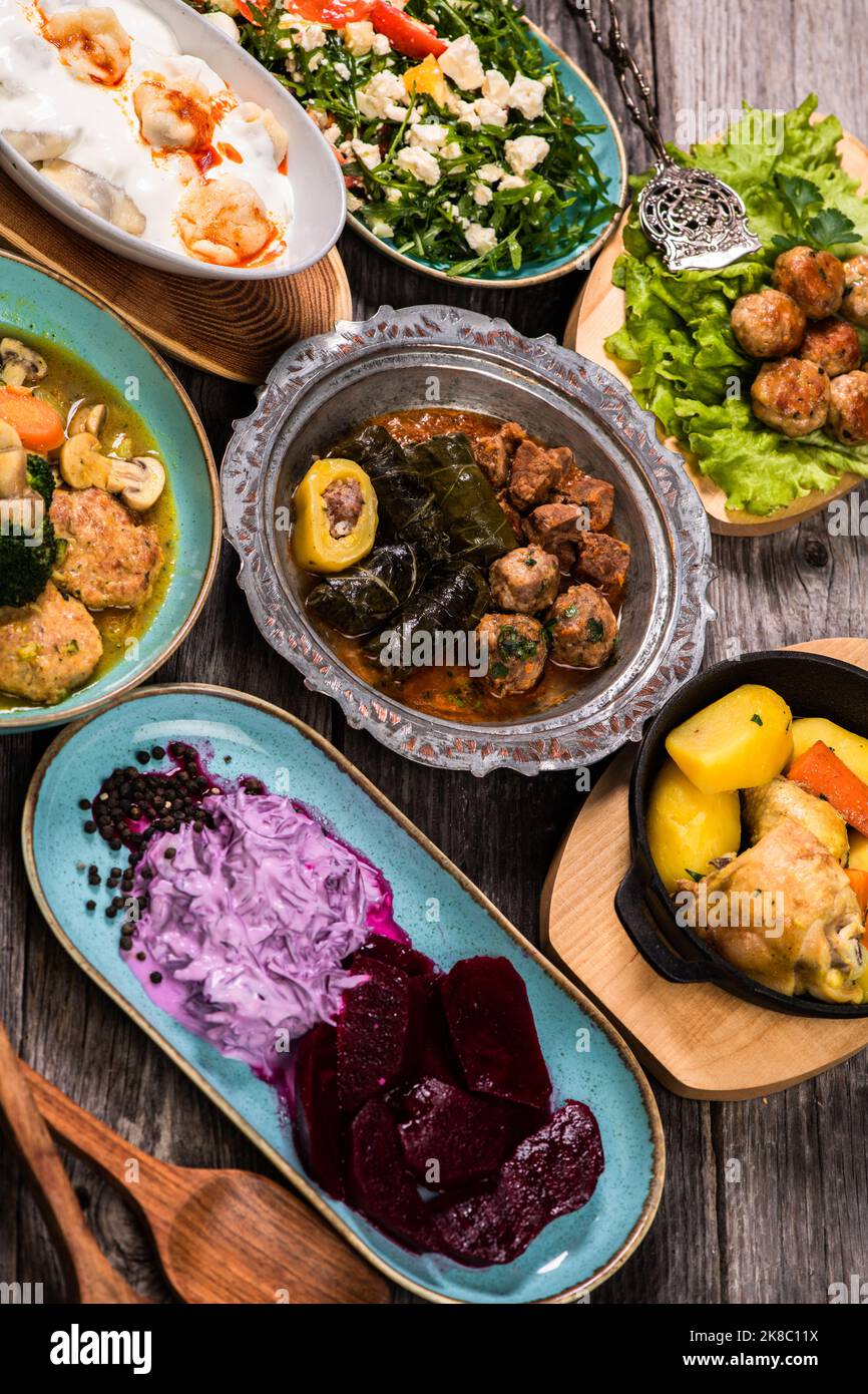 Eid Mubarak Traditional Ramadan Iftar dinner. Assorted tasty food in ...