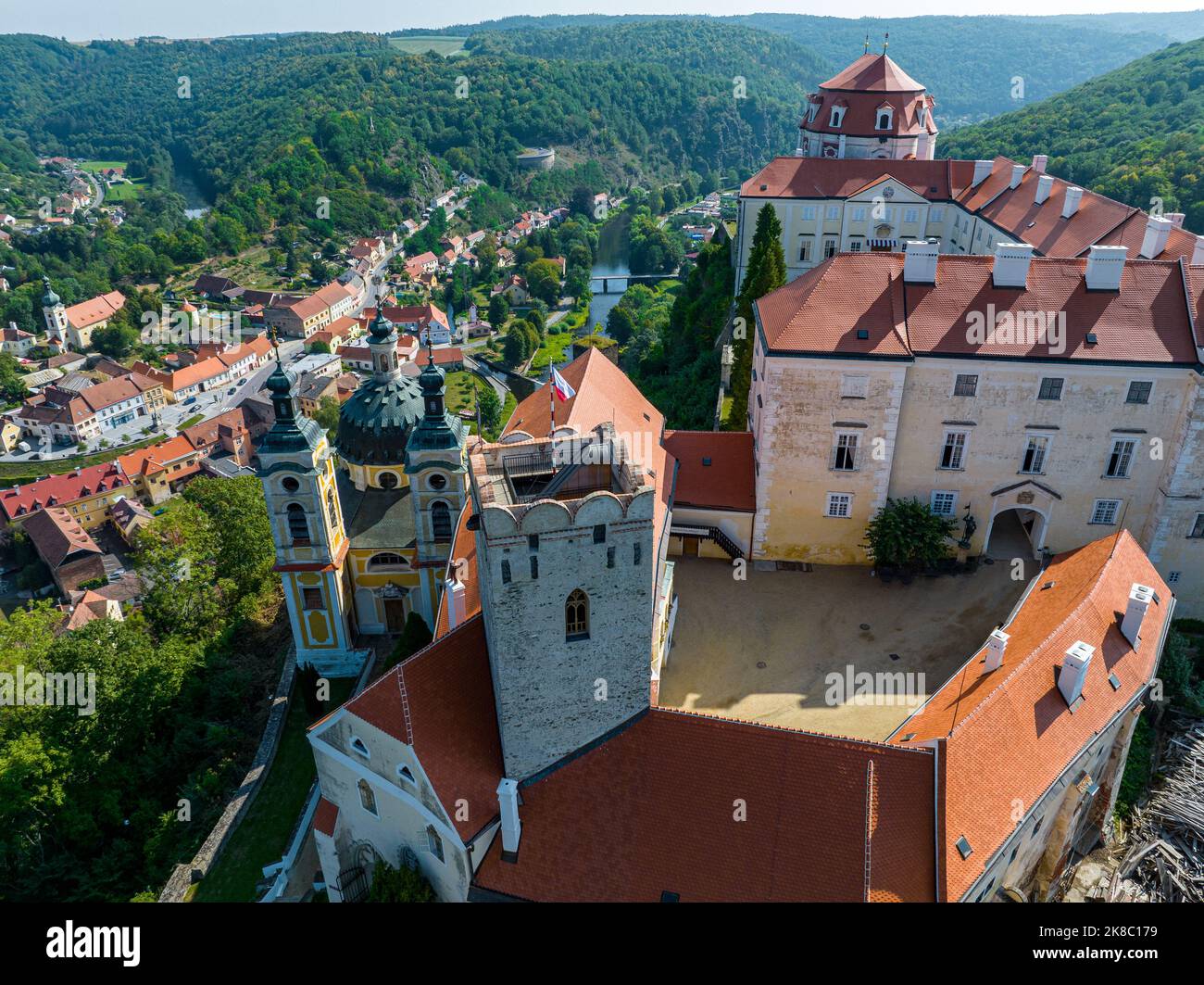Aerial View at Baroque Castle and City in Moravian region in Czech ...