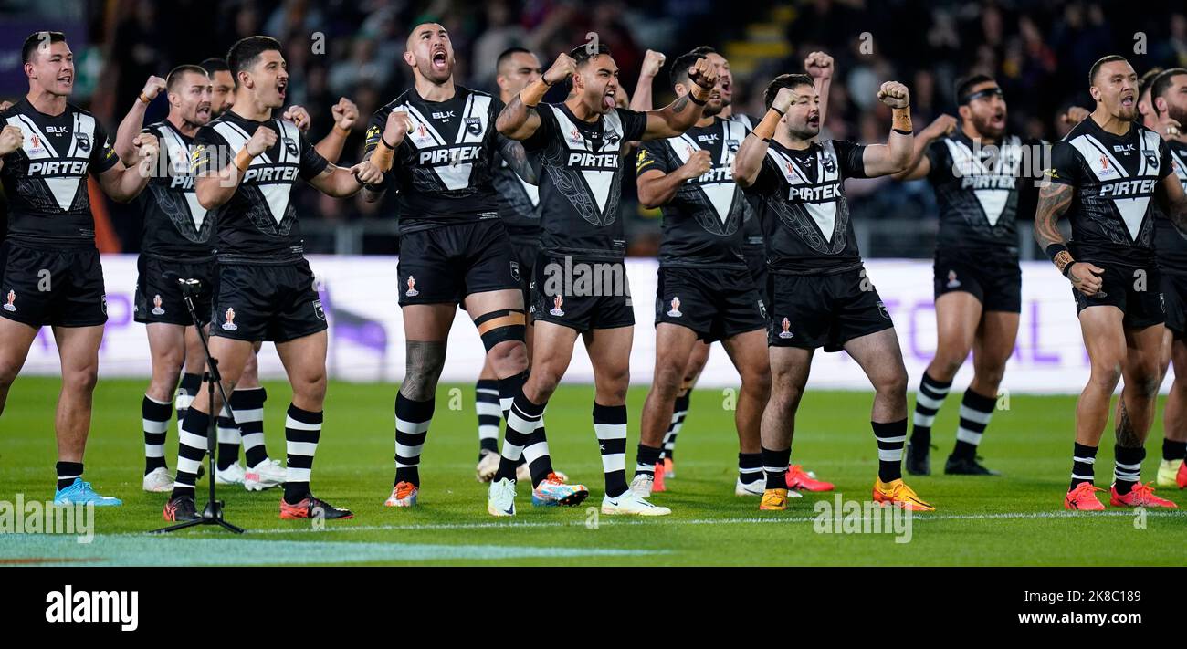 New Zealand players perform the Haka in front of the Jamaica players ...