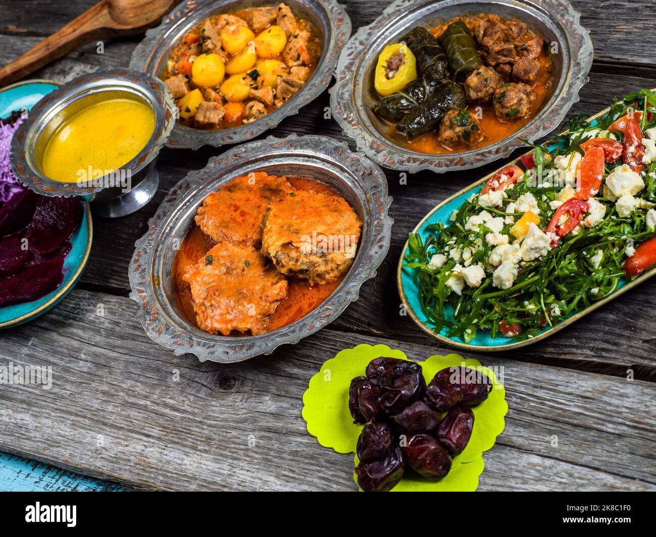 Eid Mubarak Traditional Ramadan Iftar dinner. Assorted tasty food in ...