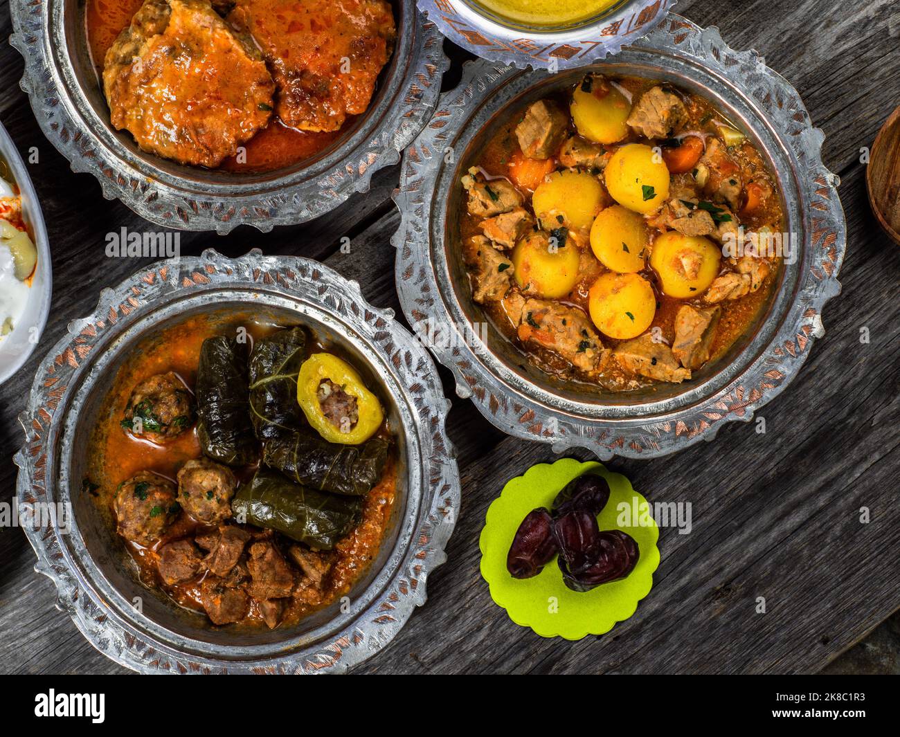 Eid Mubarak Traditional Ramadan Iftar dinner. Assorted tasty food in ...