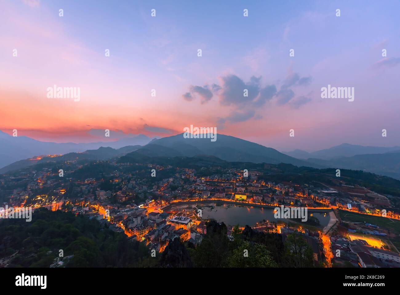 Beautiful landscape view from the top of Mount Hamrong in Sapa city at ...