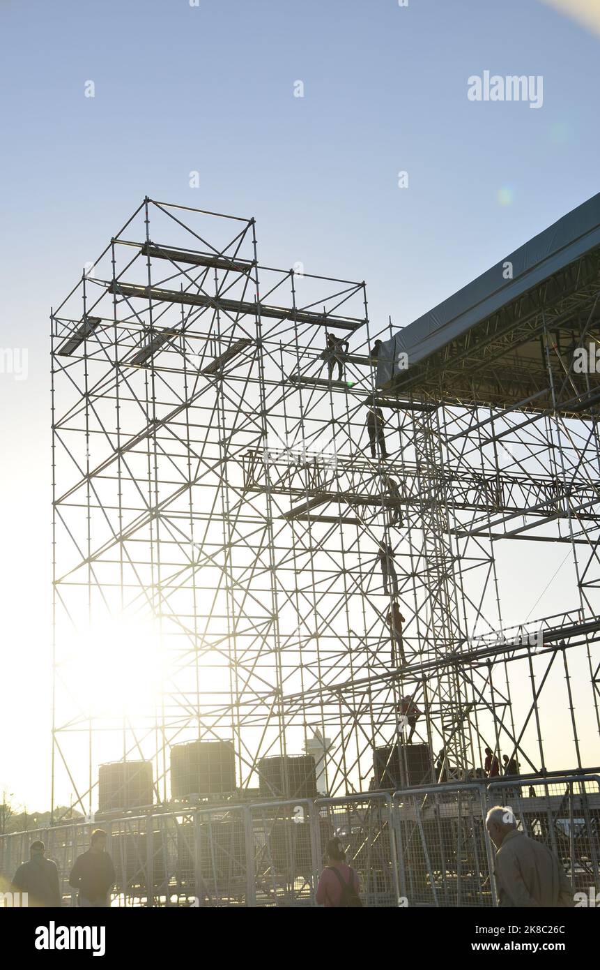 Istanbul Turkey. October 2022. Workers setting up the stage for the ...