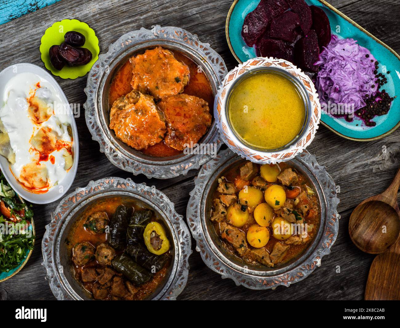 Eid Mubarak Traditional Ramadan Iftar dinner. Assorted tasty food in ...