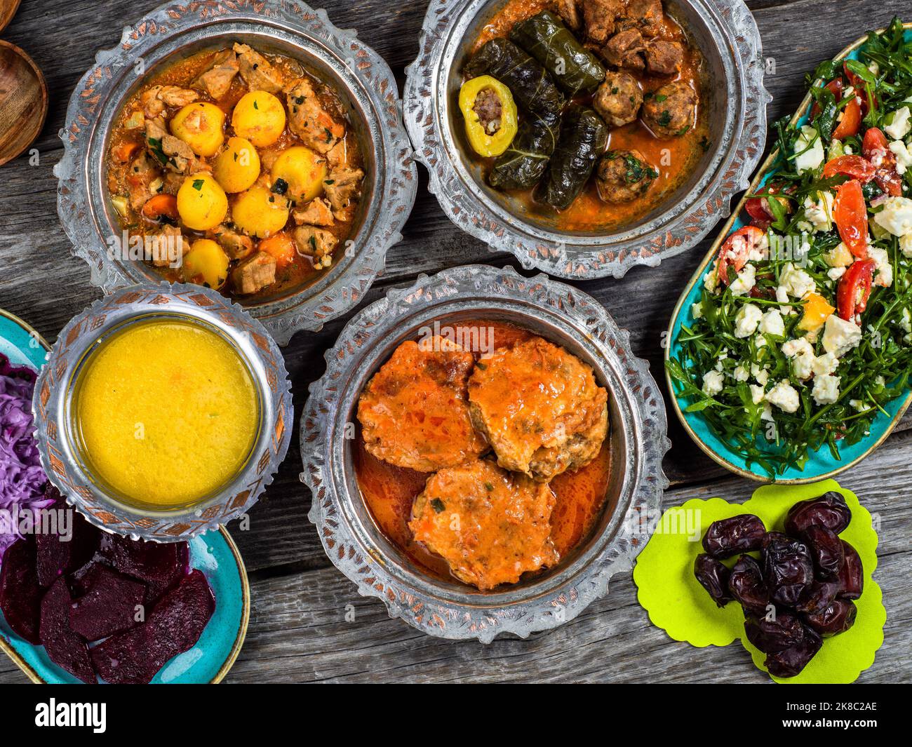 Eid Mubarak Traditional Ramadan Iftar dinner. Assorted tasty food in ...