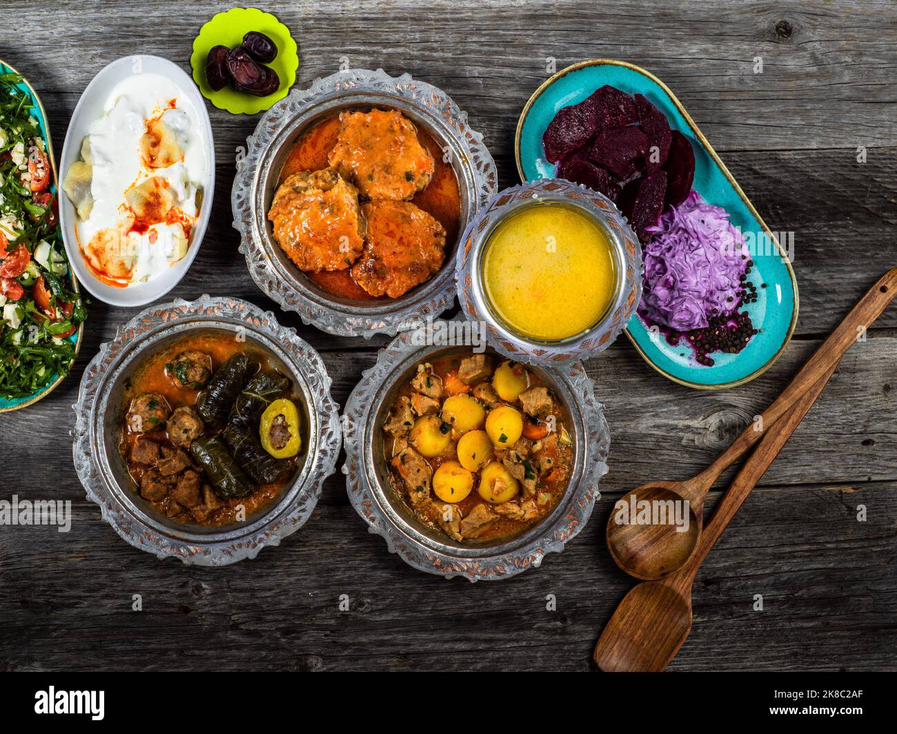 Eid Mubarak Traditional Ramadan Iftar dinner. Assorted tasty food in ...