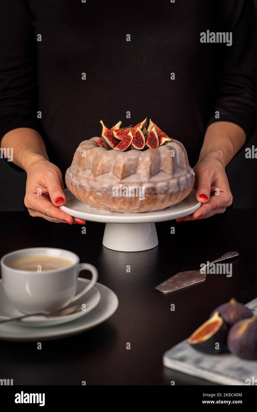 Food photography of cupcake, cake with figs, icing, cappuccino, coffee ...