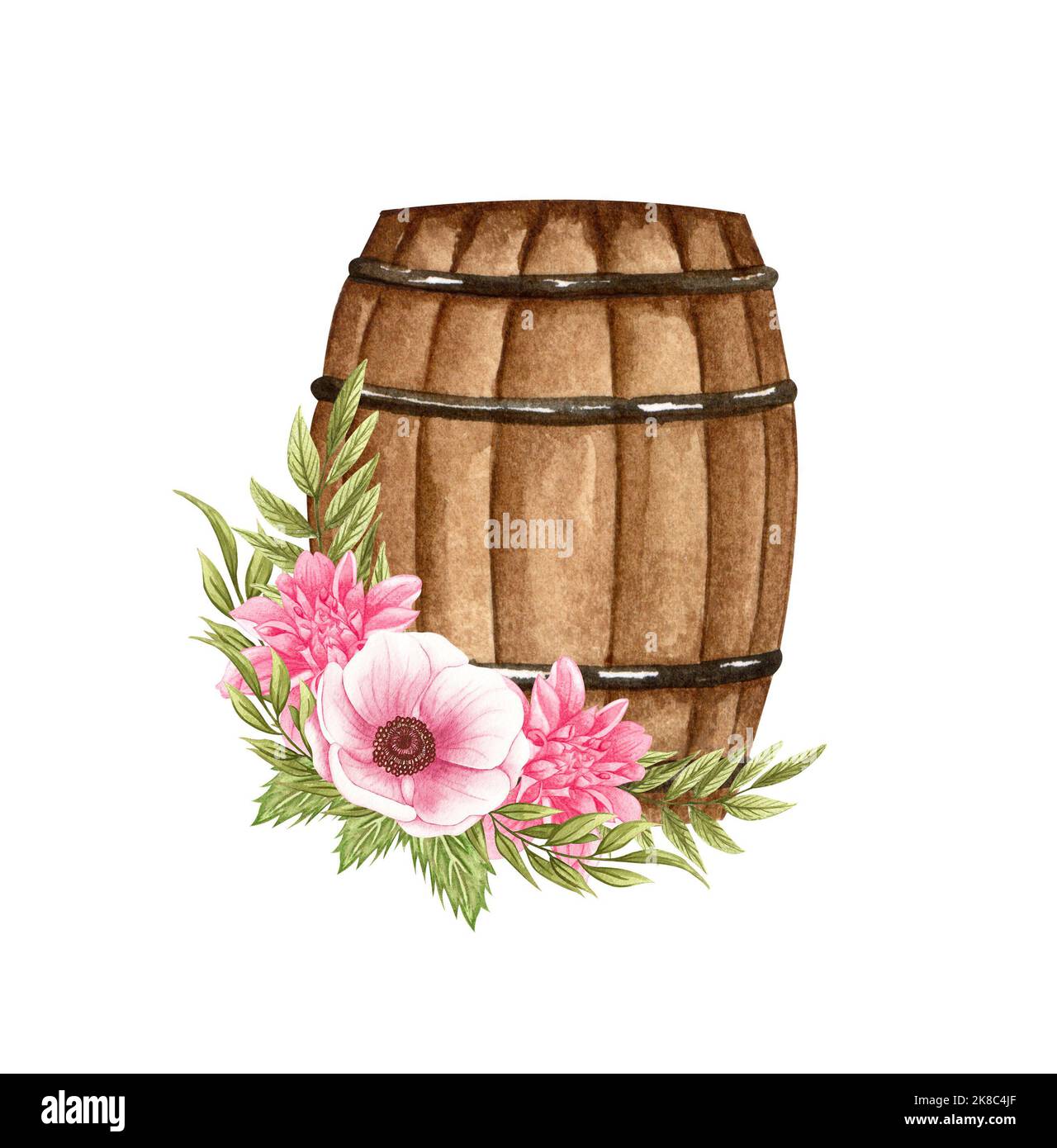 Watercolor Floral Wooden barrel . Wooden barrel and flowers. Farmhouse ...