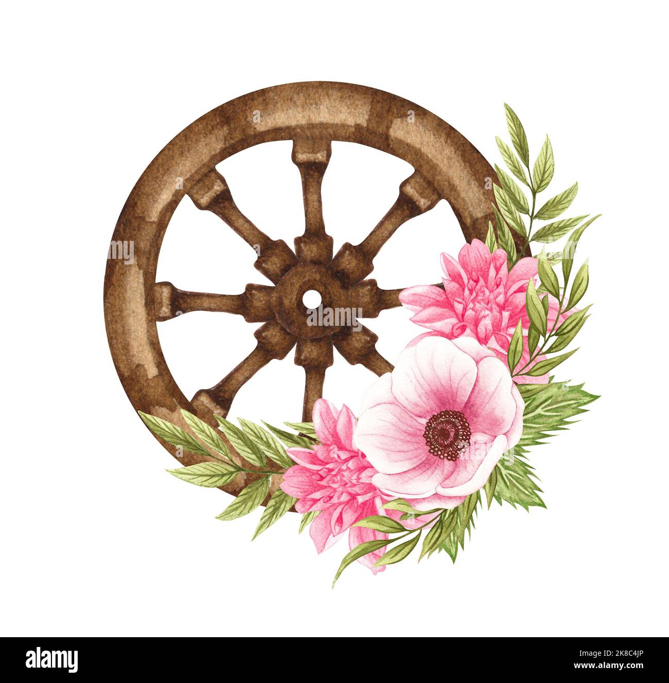 Watercolor floral Wooden wheel. Wooden wheel and flowers. Farmhouse ...