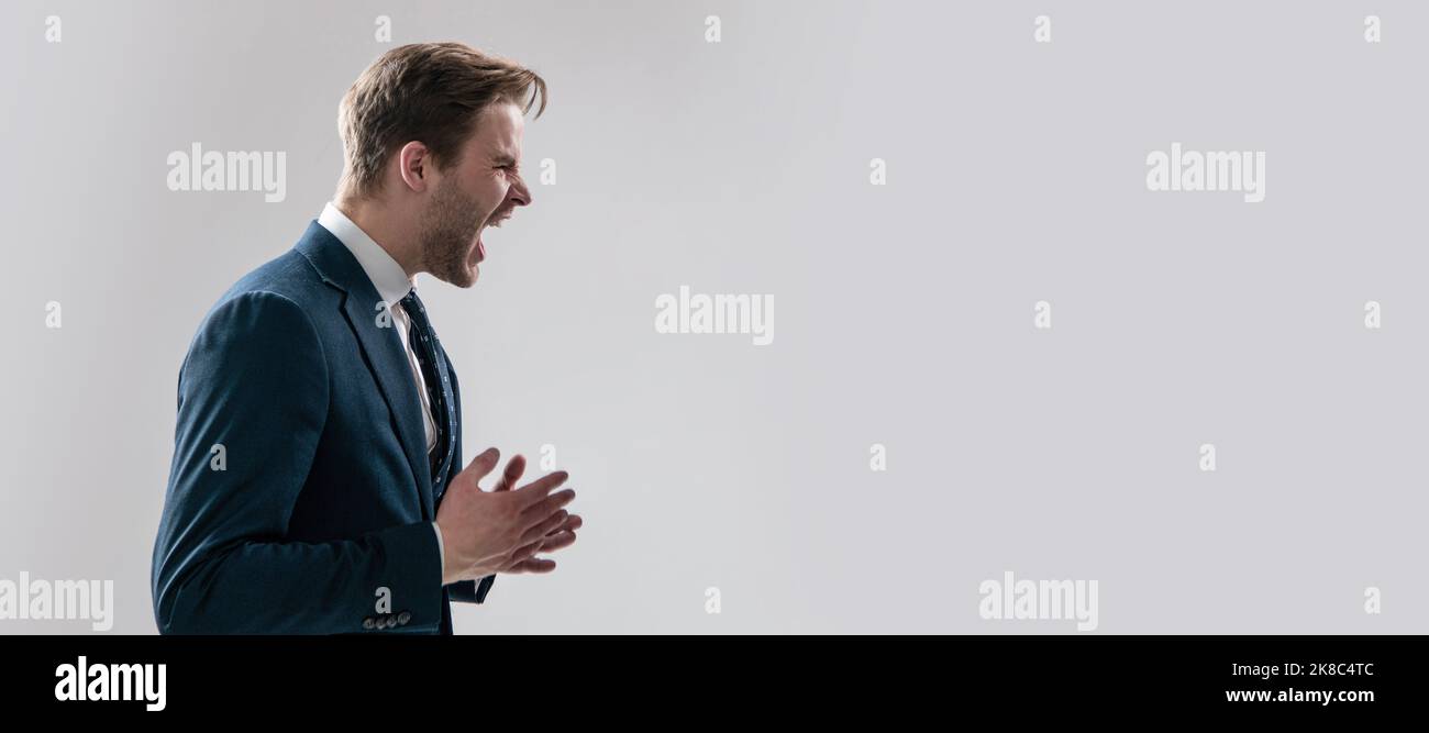 Yelling and screaming. Man face portrait, banner with copy space ...