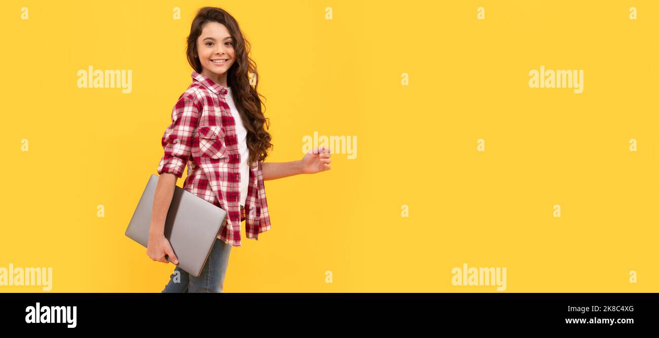 A next-level school. Happy girl child carry laptop. E-learning course ...