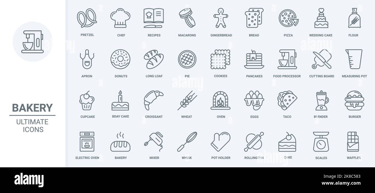 Bakery food menu and kitchen equipment thin line icons set vector ...