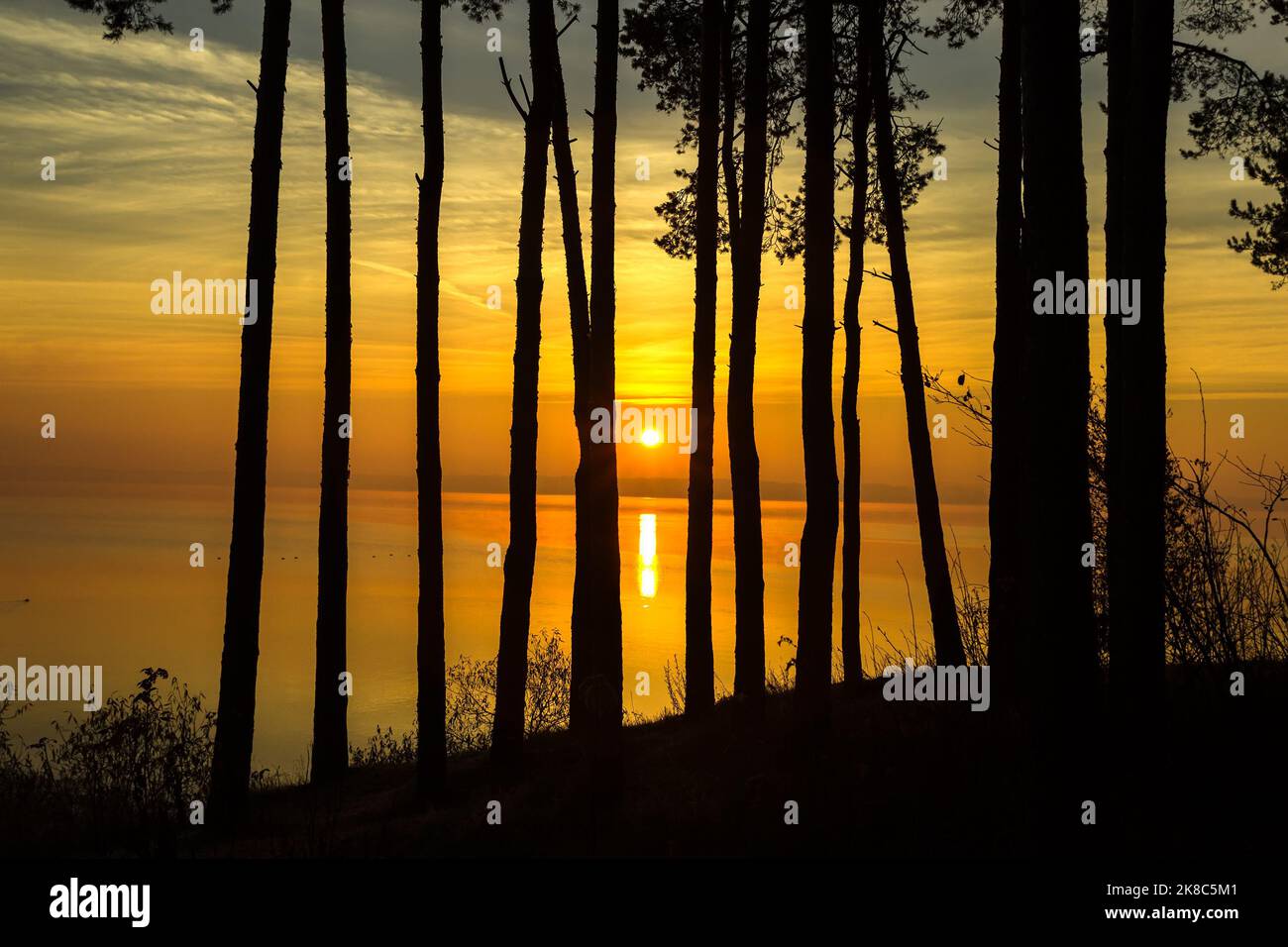 reflection of the sun during sunrise on the lake Stock Photo - Alamy