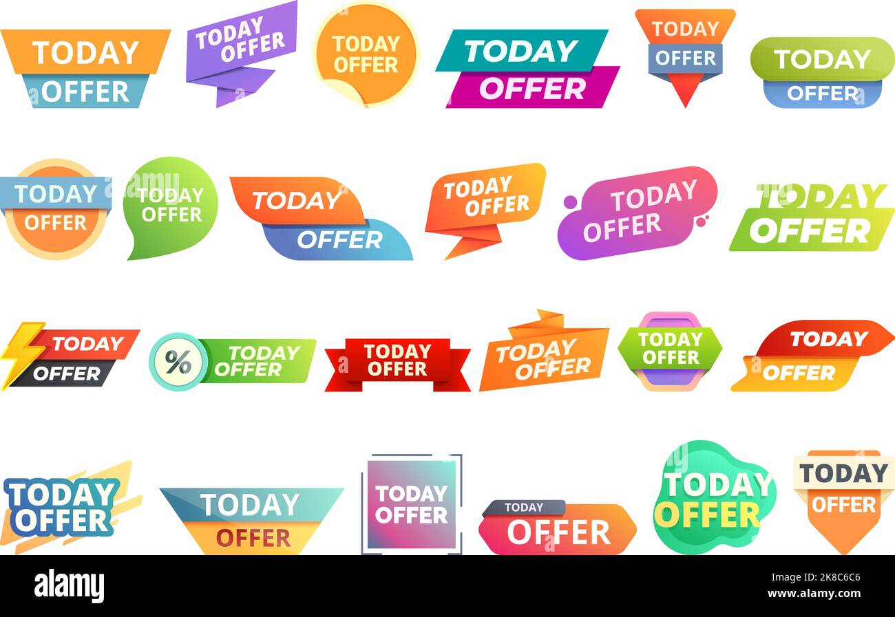 Today offer icons set cartoon vector. Promo sale. Flash offer Stock ...