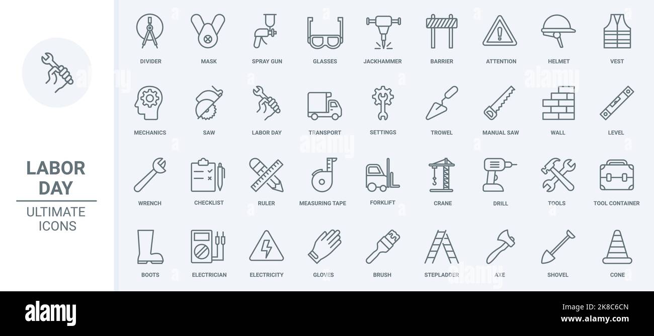Workers tools in industry thin black line icons set vector illustration ...