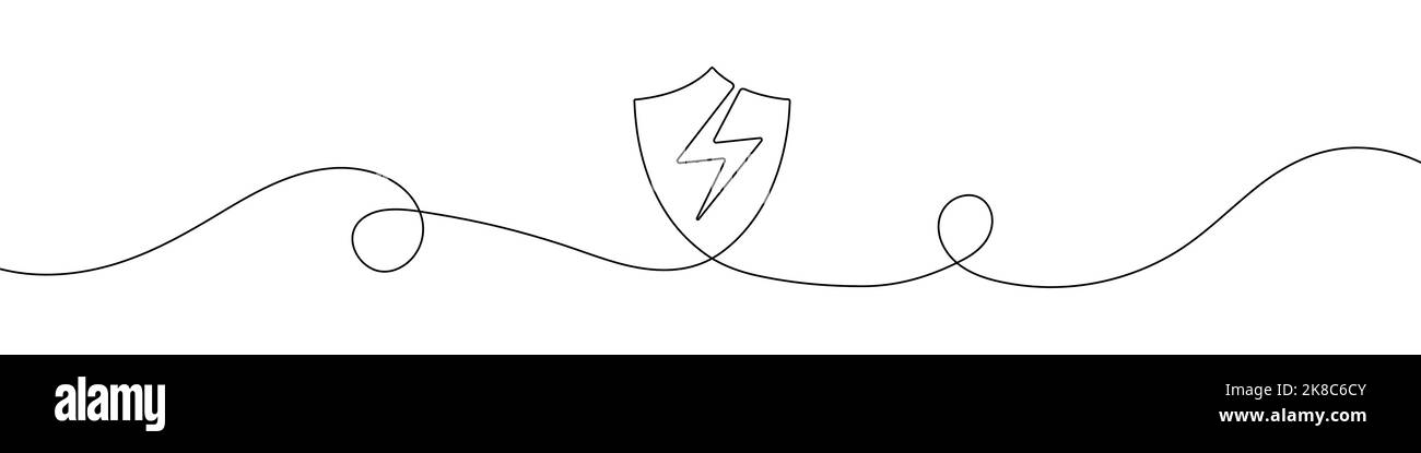 Continuous linear drawing of shield with lightning. Safety concept ...