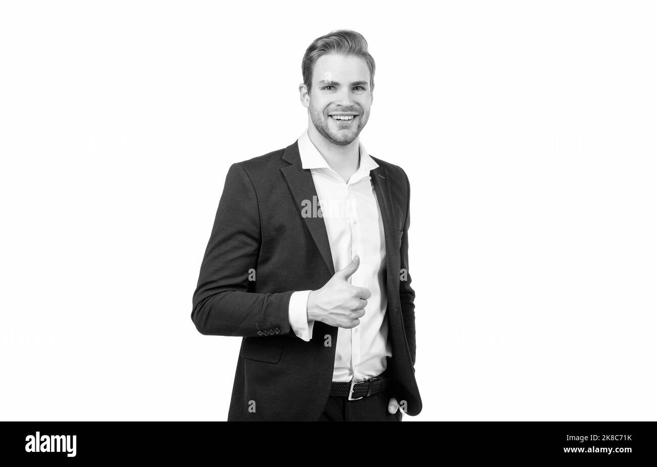 Executive approval. Happy manager give thumbs up. Approval hand gesture ...