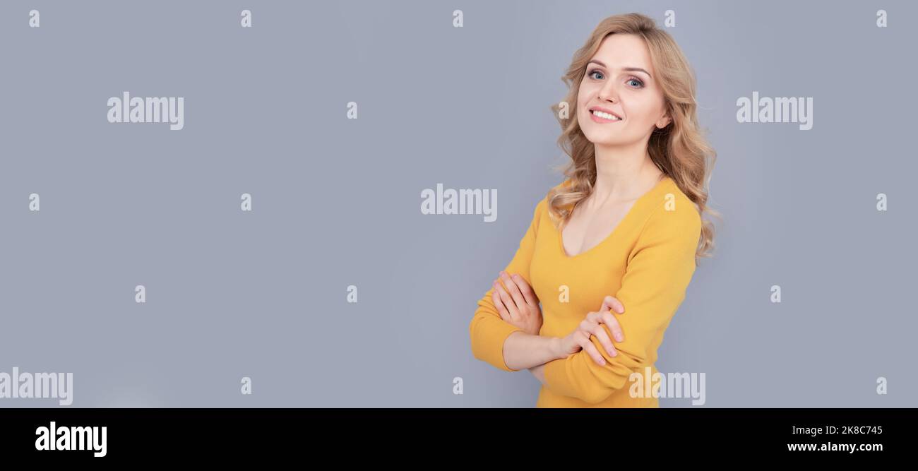 cheerful blonde beauty woman with curly hair, fashion. Woman isolated face portrait, banner with ...