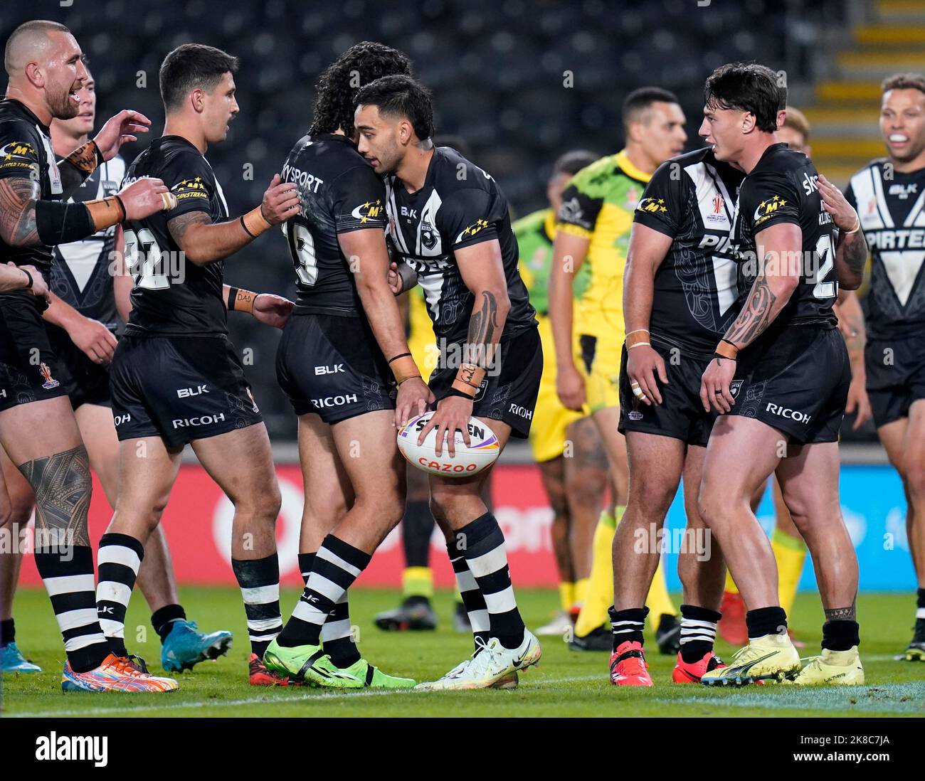 New Zealand's Briton Nikora (centre) celebrates with team-mates after ...