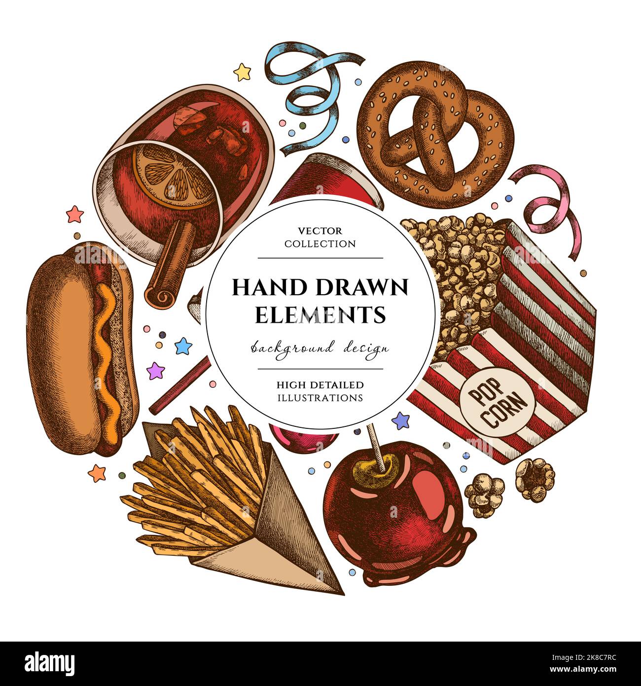 Carnival food circle design. Hand drawn french fries, pretzel, popcorn ...