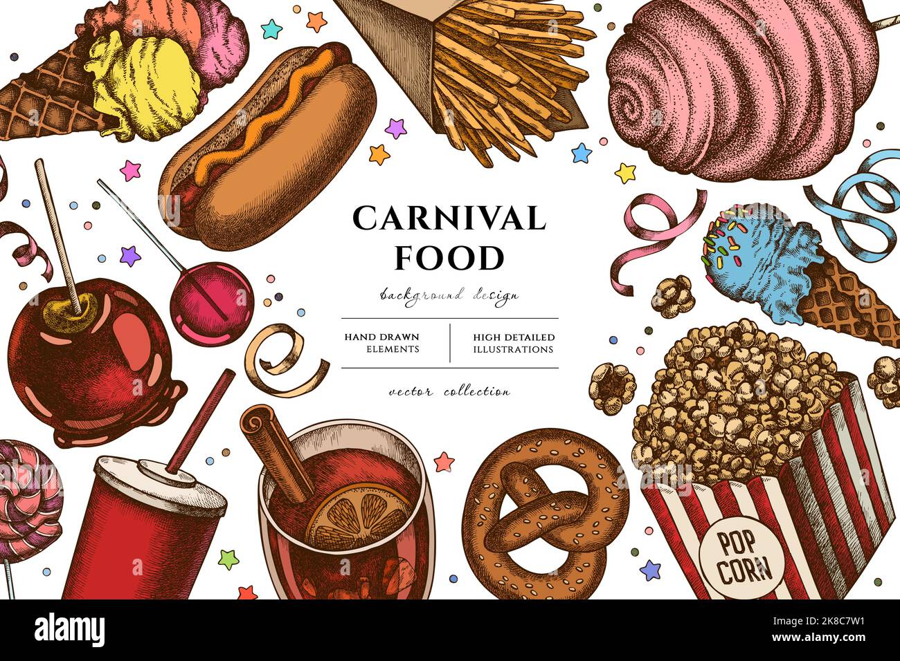 Carnival food hand drawn illustration design. Background with retro ...
