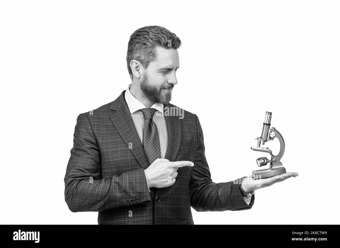 businessman man pointing finger on modern microscope isolated on white ...